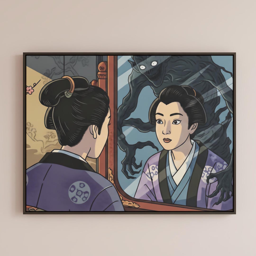 Ukiyo-e Demon Art Canvas, Japanese Horror Print, Mirror Reflection ...