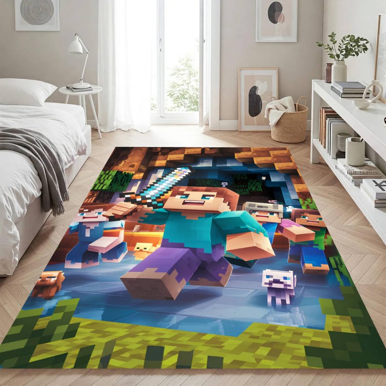 Block Game Cave Escape Area Rug Featuring Steve Emerging From a Cave ...