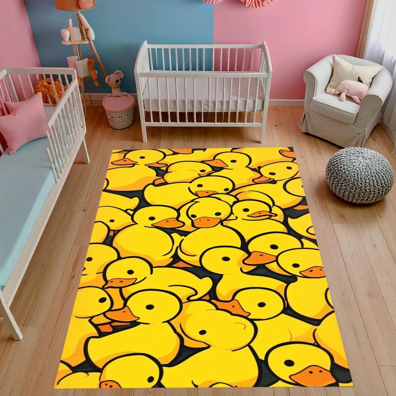 Yellow Rubber Duck Kids Area Rug, Nursery Play Mat, Washable Children ...