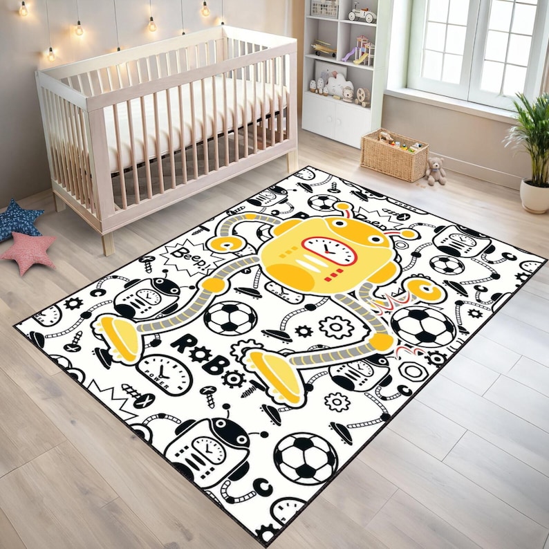 Yellow Robot Play Mat, Cartoon Mechanical Area Rug, Washable Non Slip ...