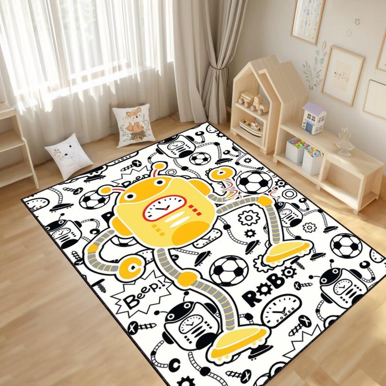 Yellow Robot Play Mat, Cartoon Mechanical Area Rug, Washable Non Slip ...