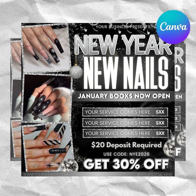 New Year Nail Salon Flyer Template, Editable Beauty Appointment Promo ...