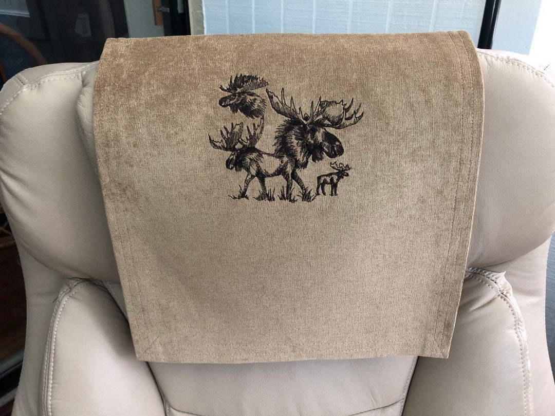Recliner Furniture Head Cover Embroidered Moose Sketch Camel Color, Size 14x30, Chair Pad ...
