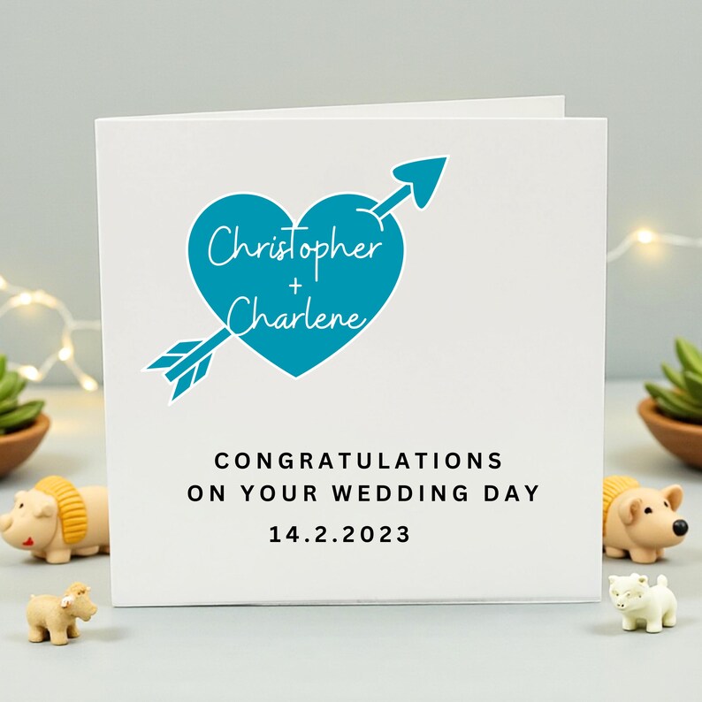 Personalised Wedding Card With Names & Date, Modern Heart Arrow Wedding ...