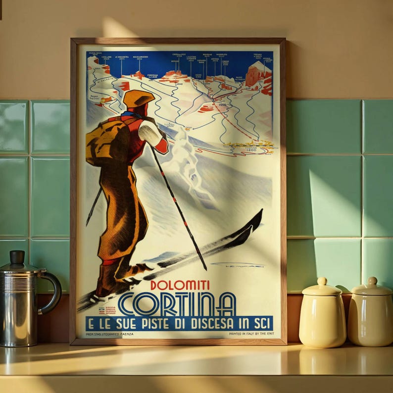 Dolomiti Cortina Vintage Ski Resort Map Mountain Landscape Travel ...
