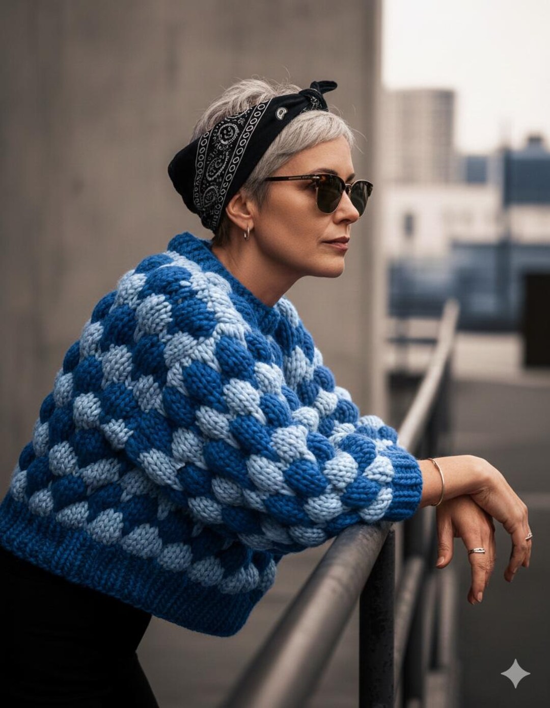 Blue & Cream Bubble Knit Sweater | Chunky Handmade Sweater | Textured ...