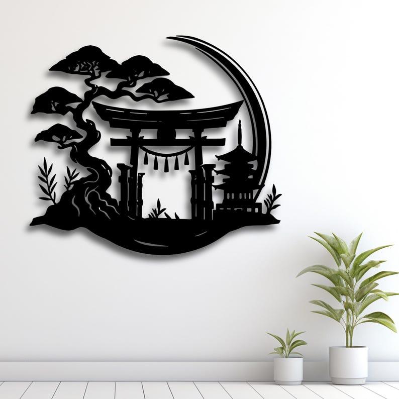 Japanese Torii Gate Landscape Wall Art SVG, Bonsai Tree Moon Laser Cut ...