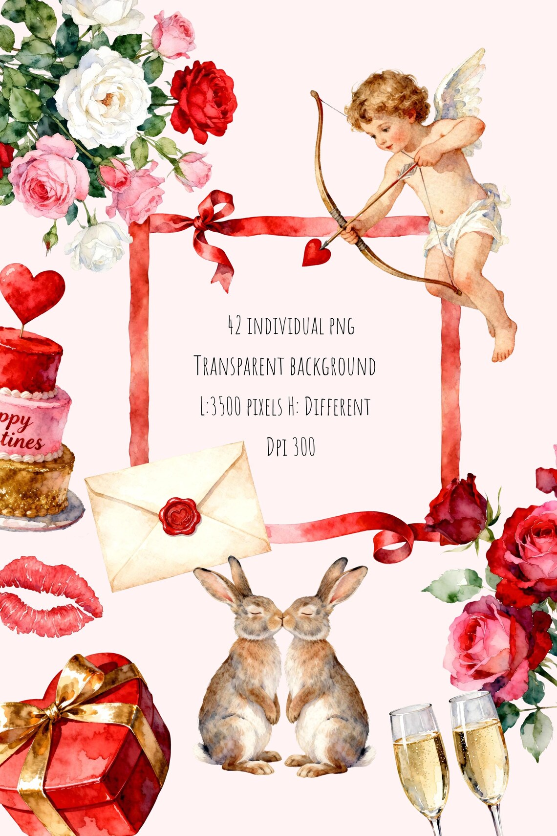 Valentine’s Day Vintage Watercolor Clipart Bundle: PNG (digital ...