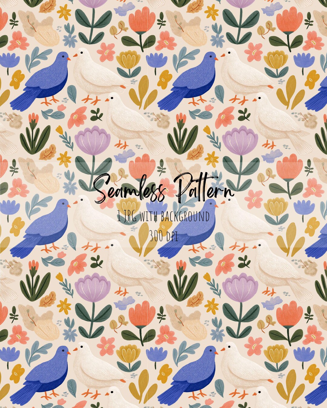 Pastel Flowers Doves Seamless Pattern, Gouache Style Spring Floral ...