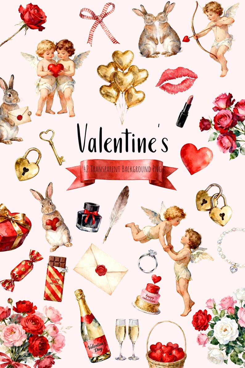 Valentine’s Day Vintage Watercolor Clipart Bundle: PNG (digital ...