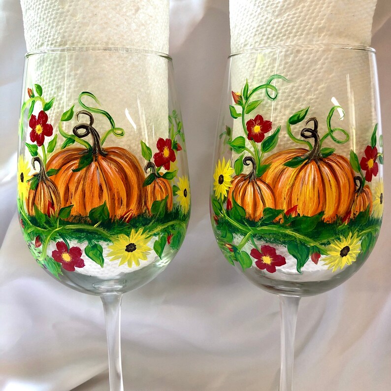 Fall Pumpkin Harvest Hand Painted Wine Glasses - Etsy