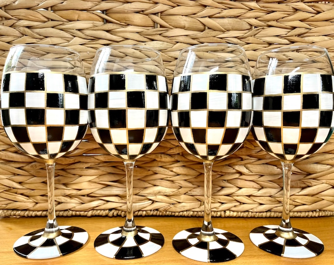 Black and White Checked Hand Painted Wine Glasses - Etsy