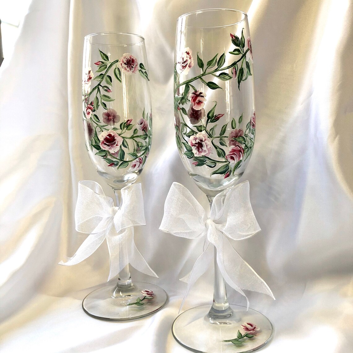 Spring Wedding Pink Roses Hand Painted Champagne Flutes - Etsy