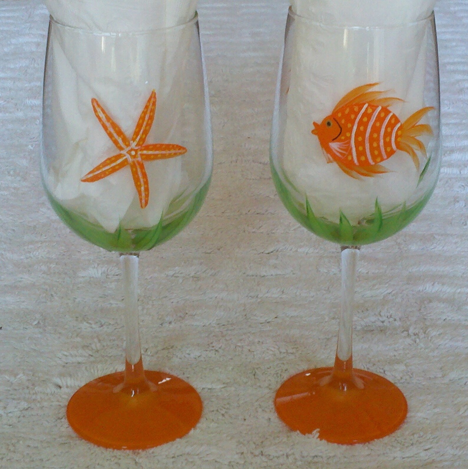 Fish and Starfish Orange Hand Painted Wine Glasses. - Etsy