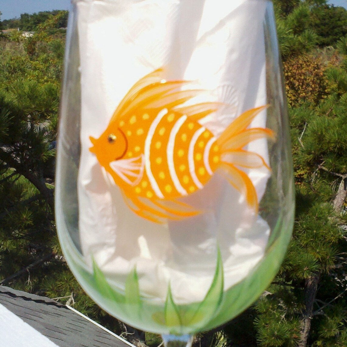 Fish and Starfish Orange Hand Painted Wine Glasses. | Etsy