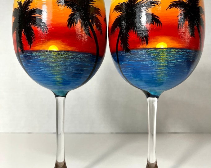 Tropical Sunset Beach Scene Hand Painted Wine Glasses - Etsy