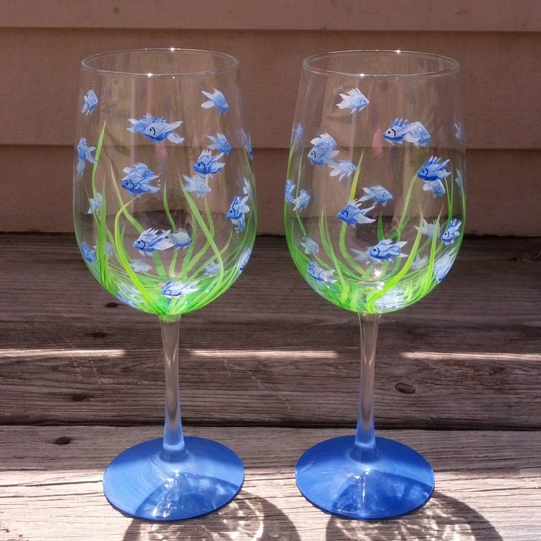 Blue Fish Hand Painted Wine Glasses. - Etsy