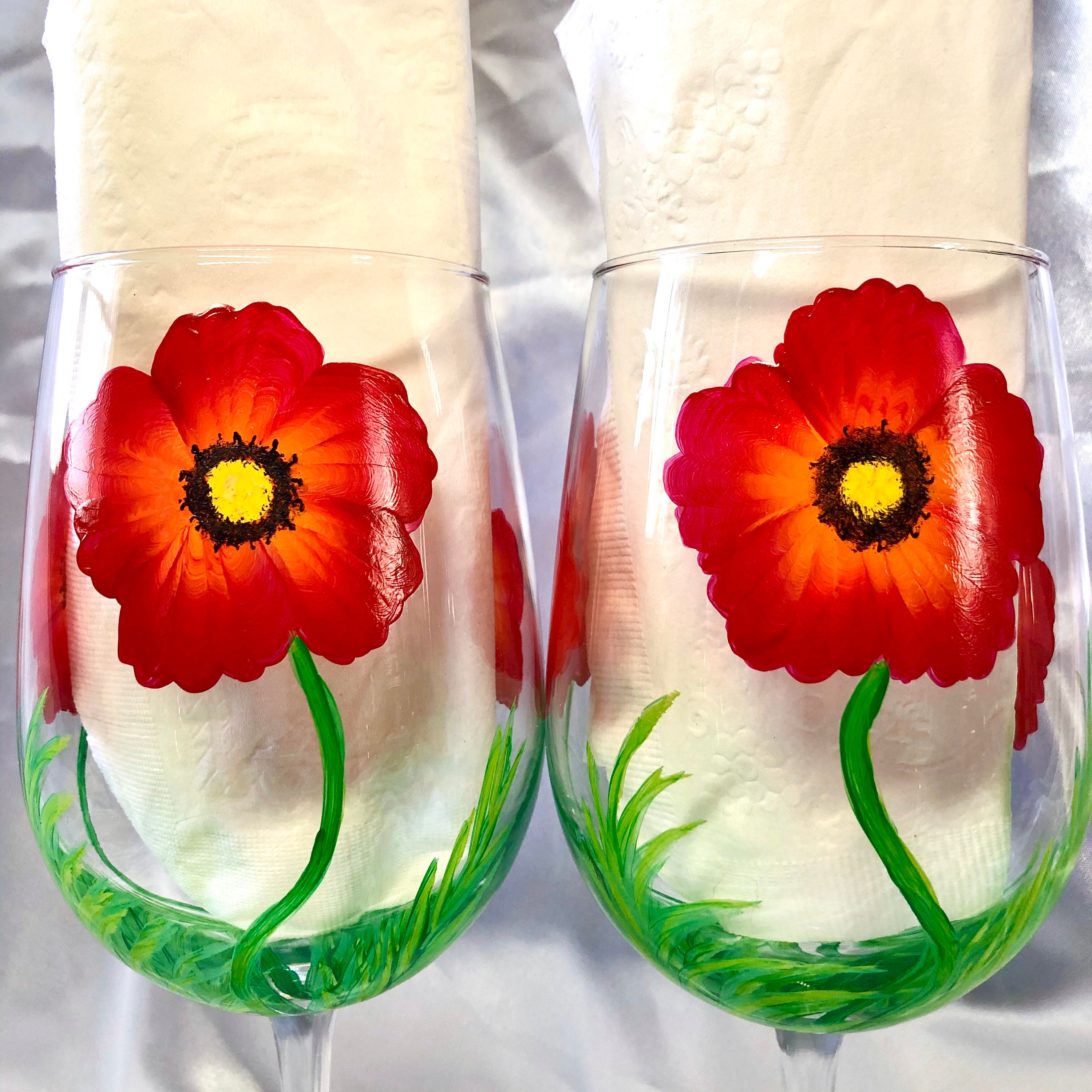 Pretty Red Poppies Hand Painted Wine Glasses - Etsy UK