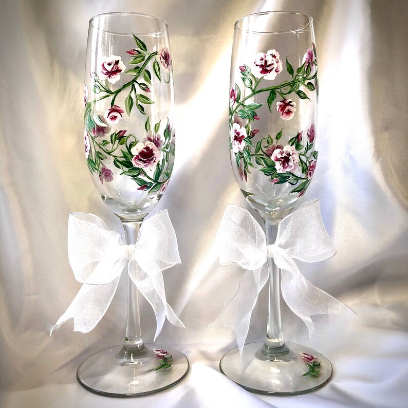 Spring Wedding Pink Roses Hand Painted Champagne Flutes - Etsy