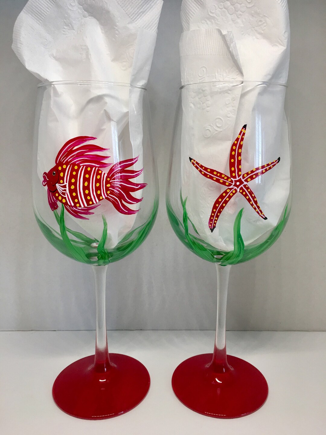 Red Fish and Starfish Hand Painted Wine Glasses. - Etsy
