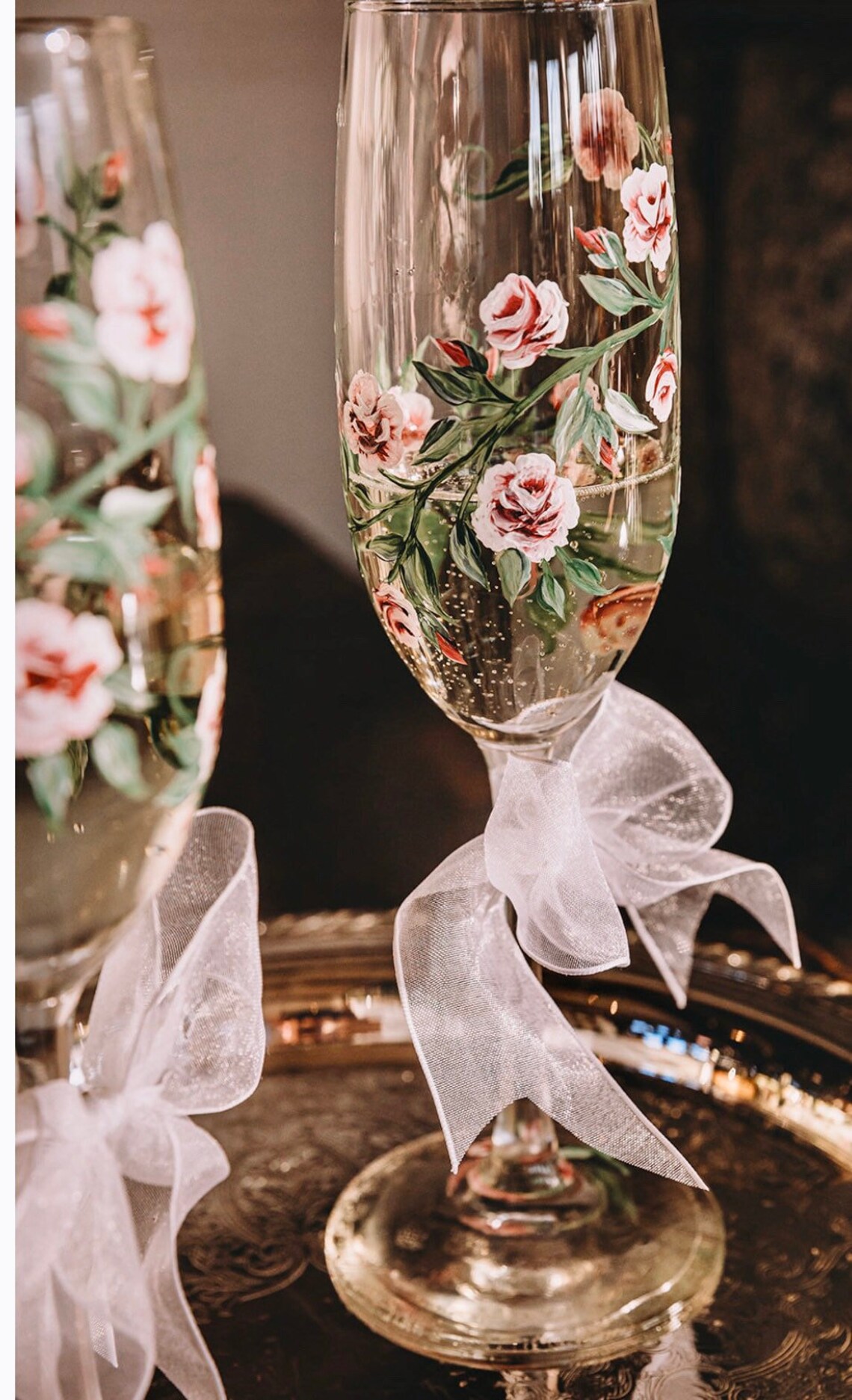 Spring Wedding Pink Roses Hand Painted Champagne Flutes - Etsy