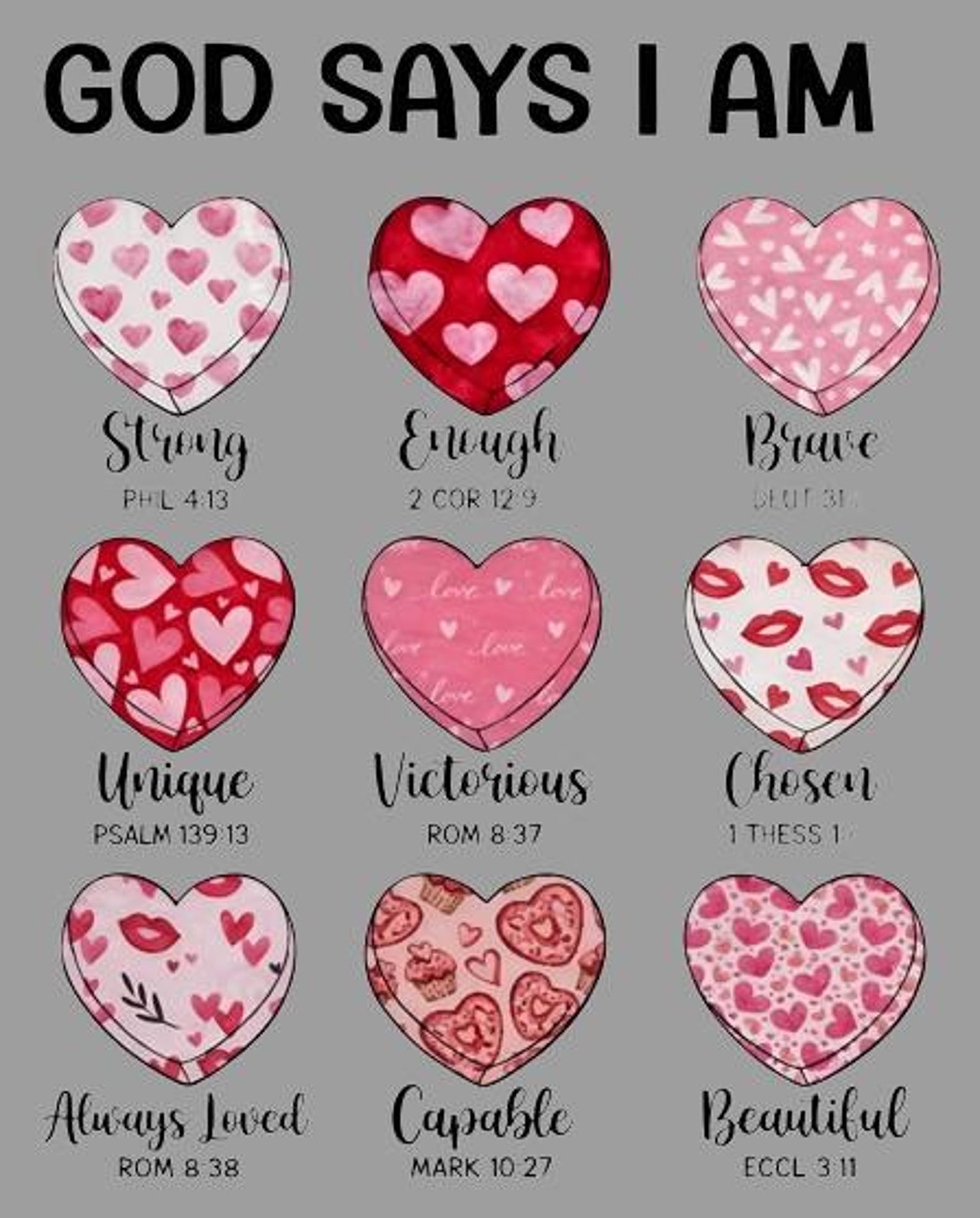God Says I Am Christian Wall Art Print Featuring Colorful Hearts and ...