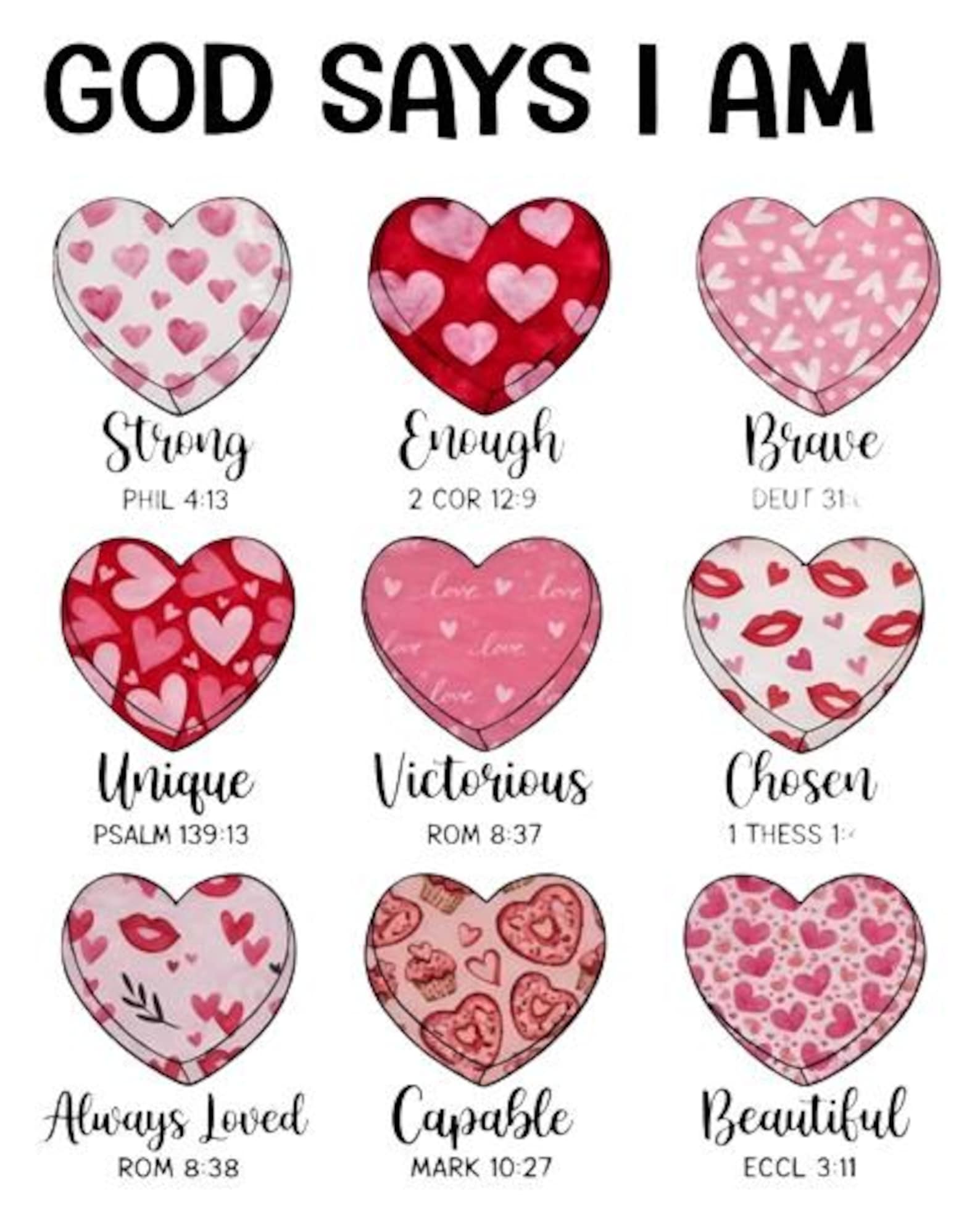 God Says I Am Christian Wall Art Print Featuring Colorful Hearts and ...