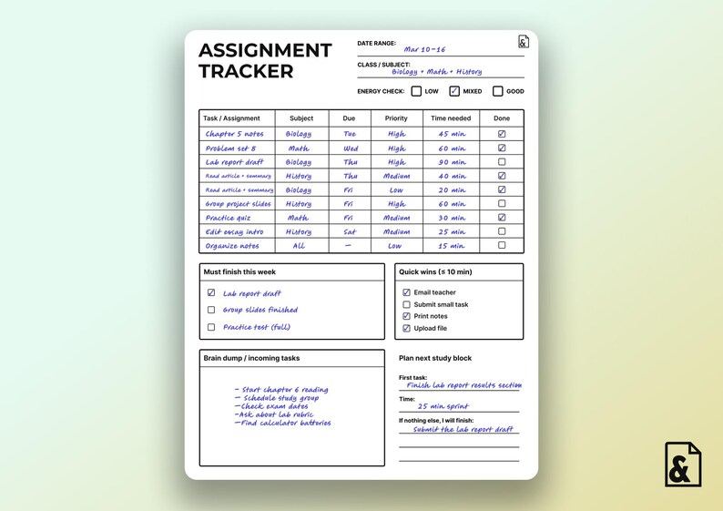 ADHD Student Assignment Tracker | Printable Planner (A4, US Letter ...