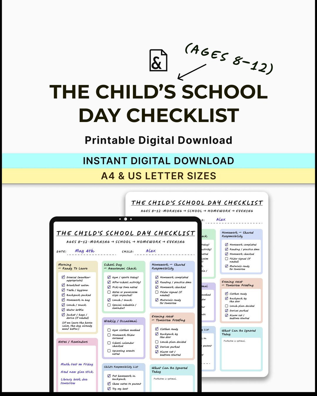 Child’s School Day Checklist (ages 8–12) | Morning, Homework & Evening ...