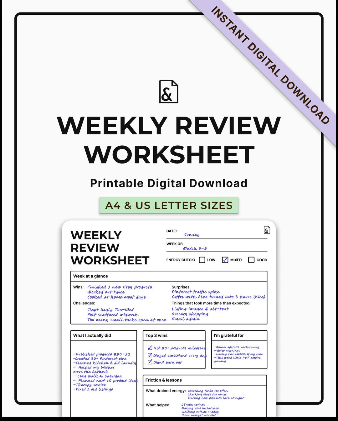 Weekly Review Worksheet – Life Admin, Habit Tracker (PDF Printable A4 ...