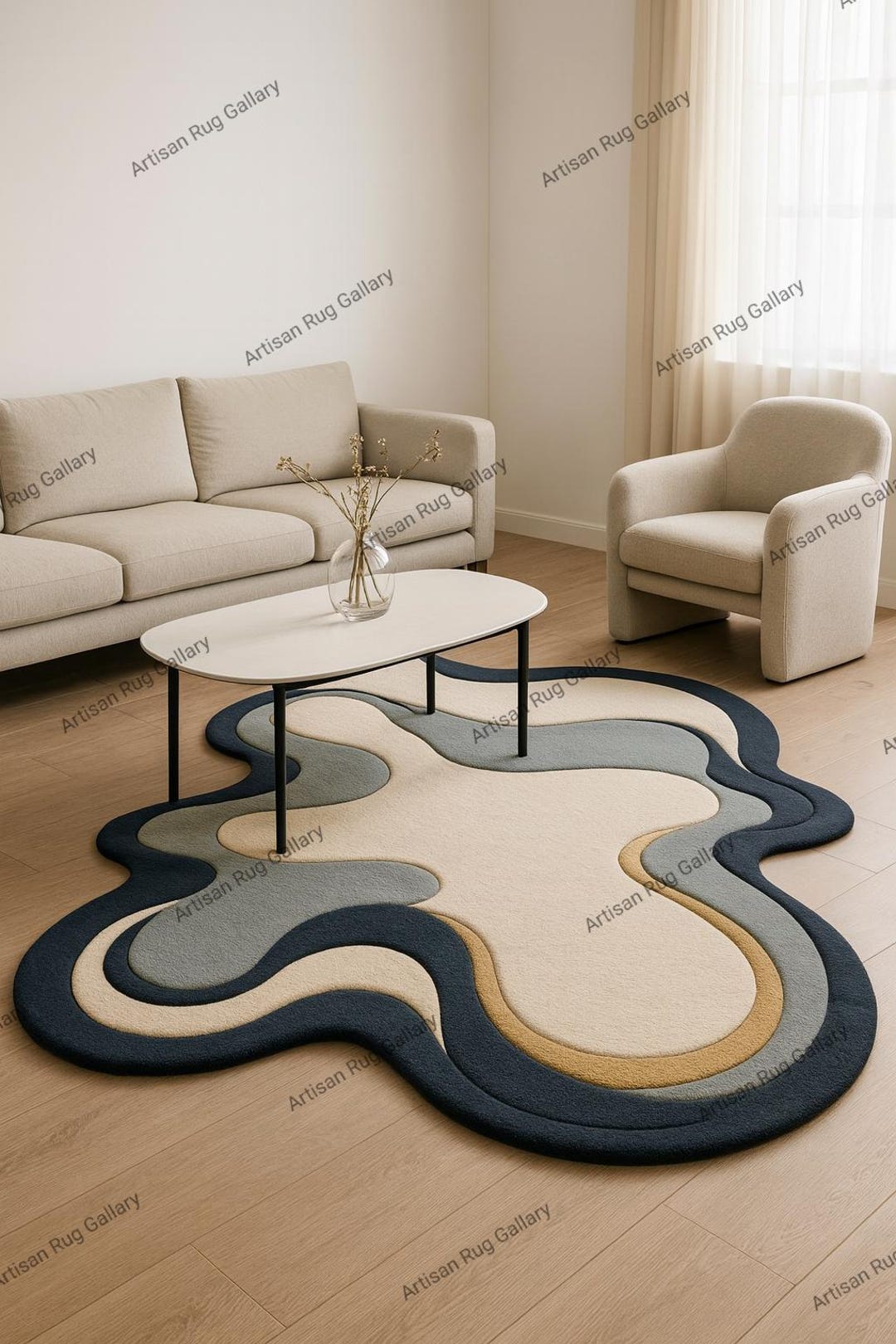 Organic Blob Shape Rug: Navy, Gray & Cream. Abstract Design for Modern ...