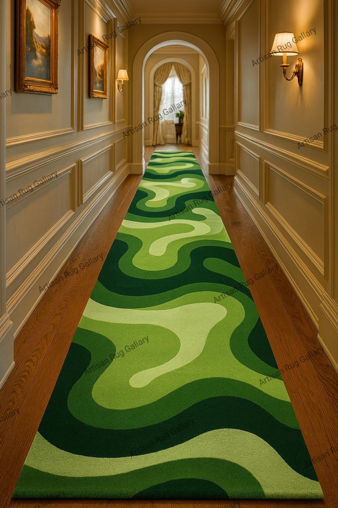 Groovy Green Wavy Abstract Hallway Runner Rug | Modern Hand-tufted ...