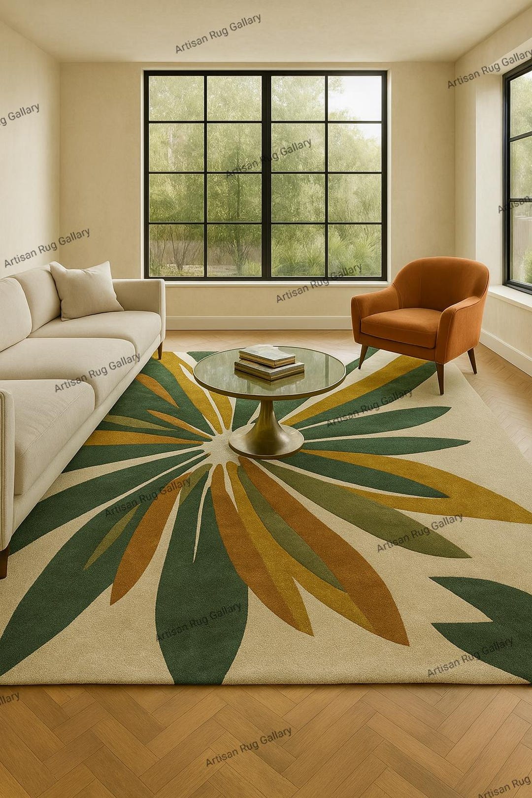 Artisan Floral Sunburst Rug - Modern Botanical Hand-tufted Wool Area ...