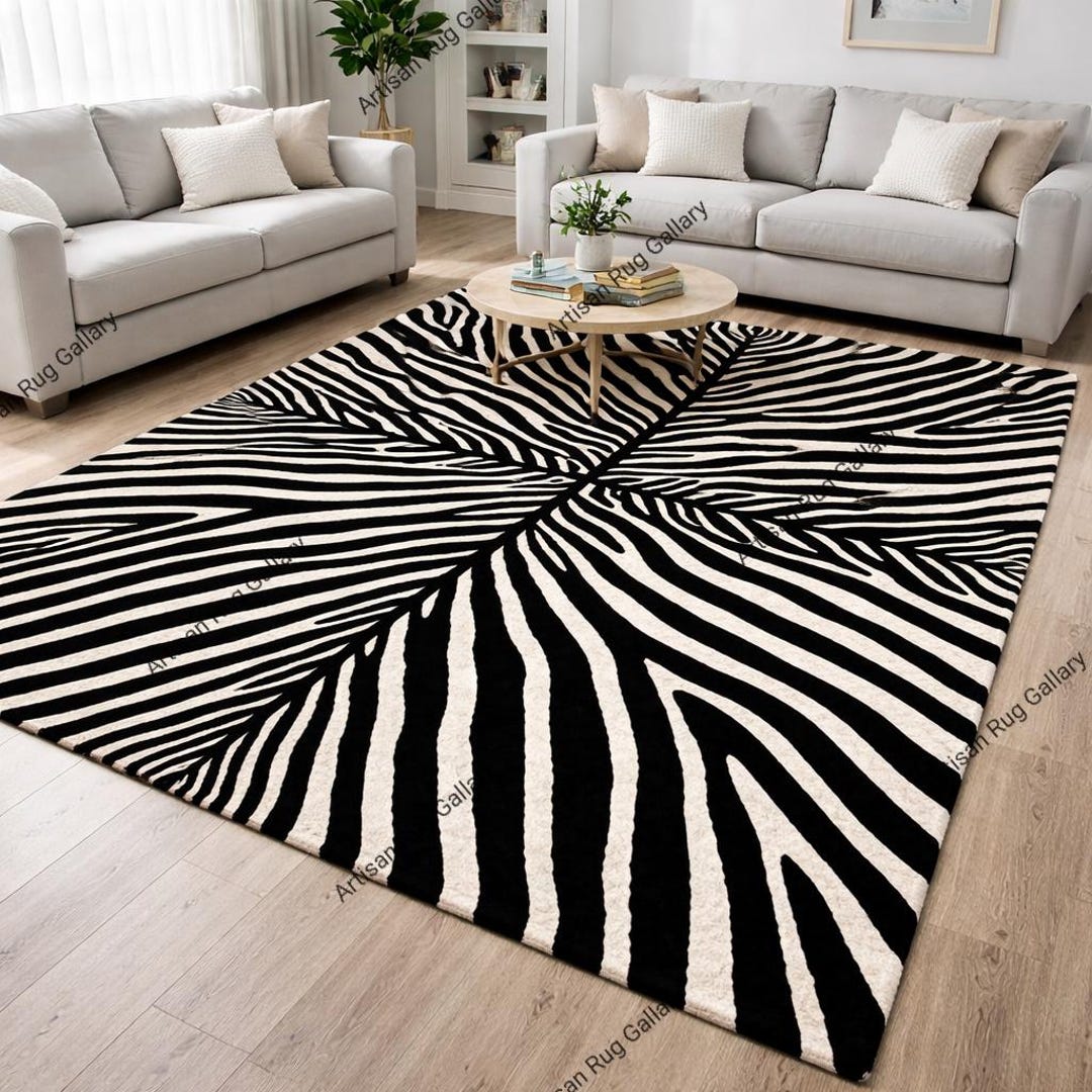 Modern Symmetrical Zebra Print Rug - Bold Black & Cream Geometric ...