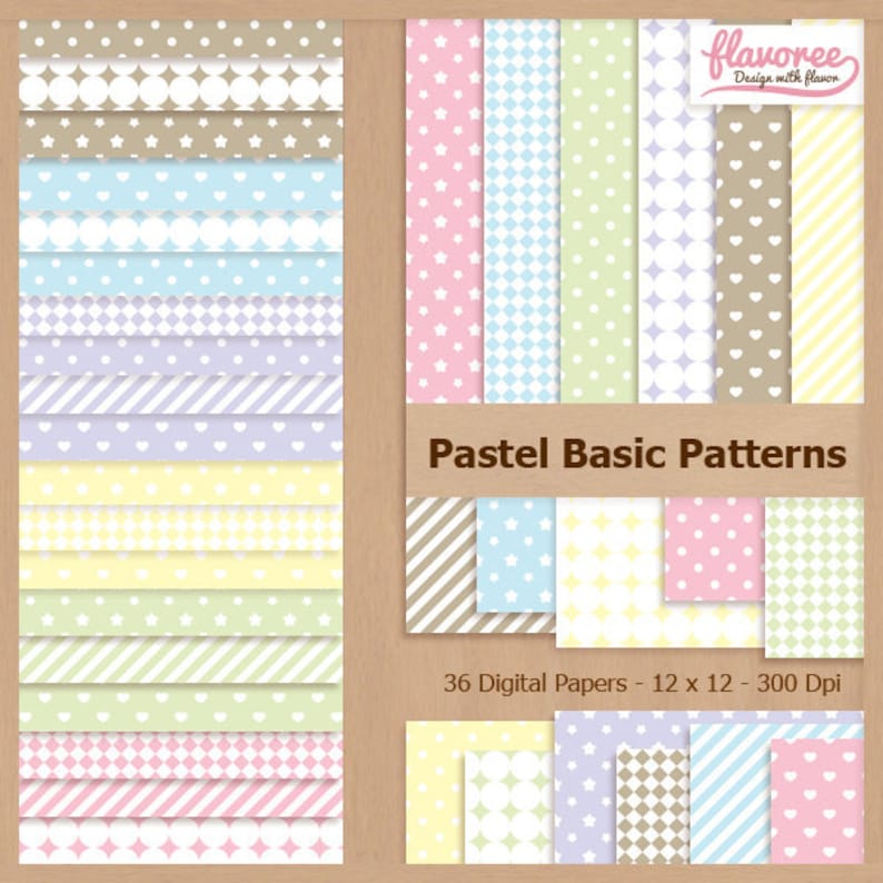 Digital Scrapbook Paper Pack - PASTEL BASIC PATTERNS - Stars | Hearts ...