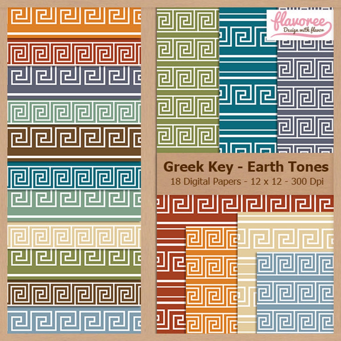 Digital Scrapbook Paper Pack - GREEK KEY PATTERN - Earth Tones ...