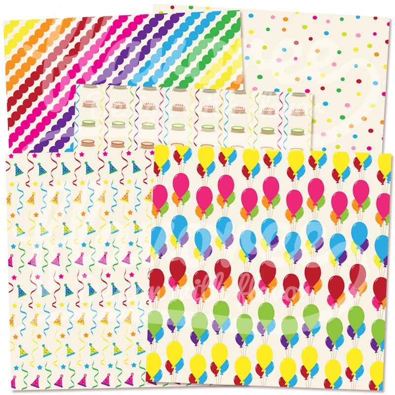 Digital Scrapbook Paper Pack HAPPY BIRTHDAY Balloons Stripes Rainbow ...