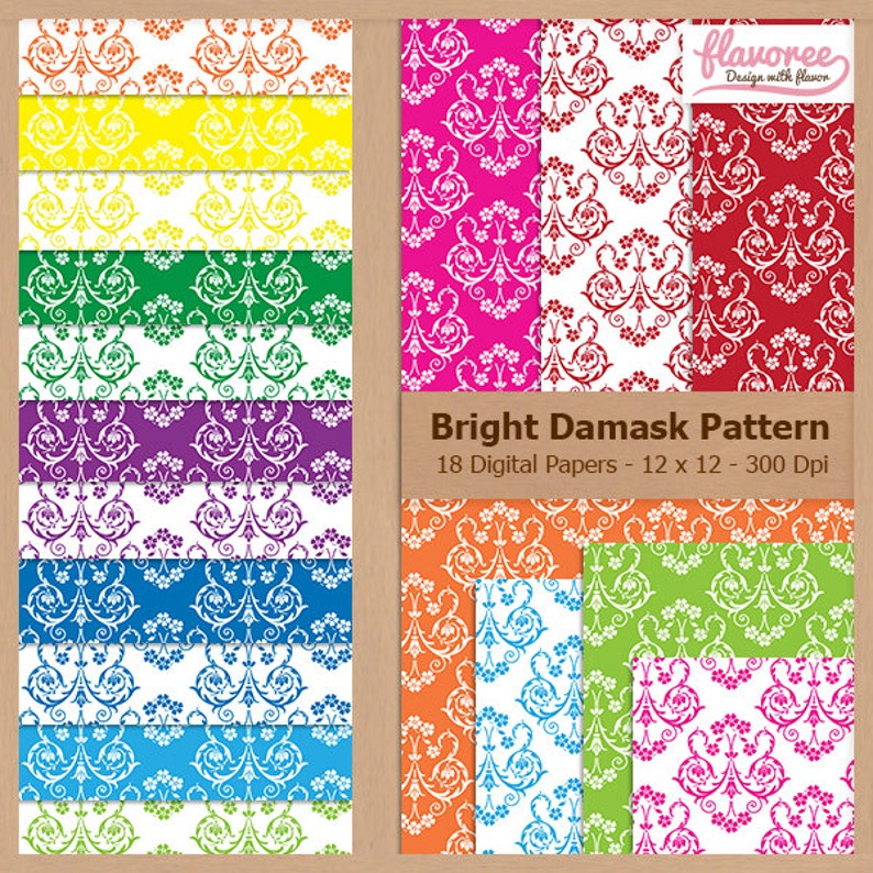 Digital Scrapbook Paper Pack BRIGHT DAMASK PATTERN Rainbow - Etsy
