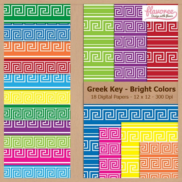 Digital Scrapbook Paper Pack GREEK KEY PATTERN Bright Colors Greece ...