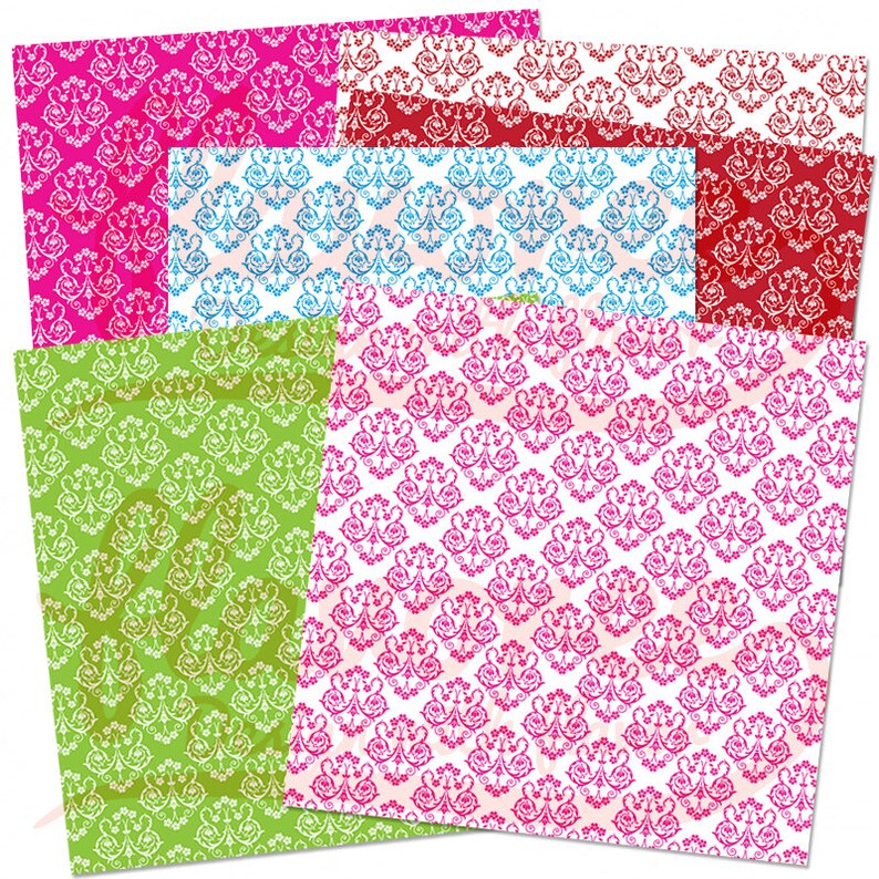 Digital Scrapbook Paper Pack BRIGHT DAMASK PATTERN Rainbow - Etsy