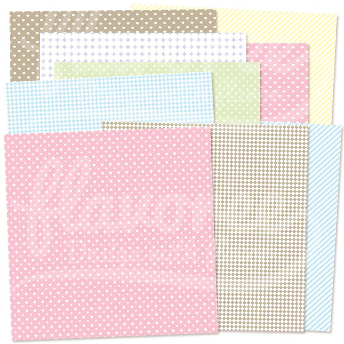 Digital Scrapbook Paper Pack PASTEL BASIC PATTERNS Stars Hearts Lines ...