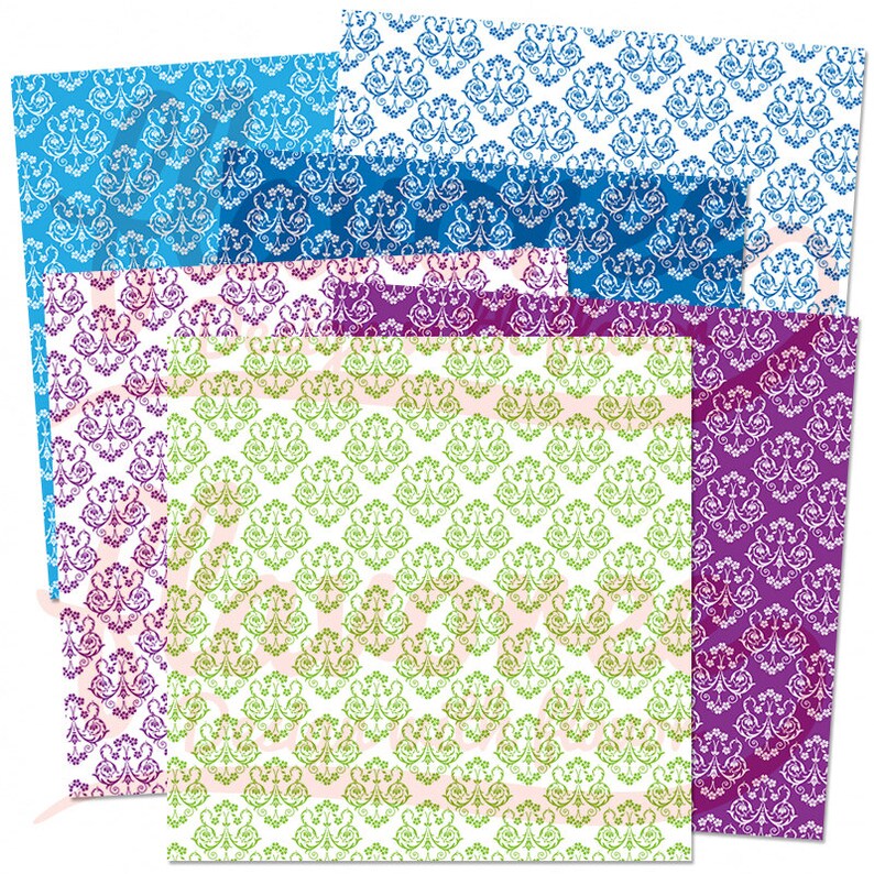 Digital Scrapbook Paper Pack BRIGHT DAMASK PATTERN Rainbow - Etsy