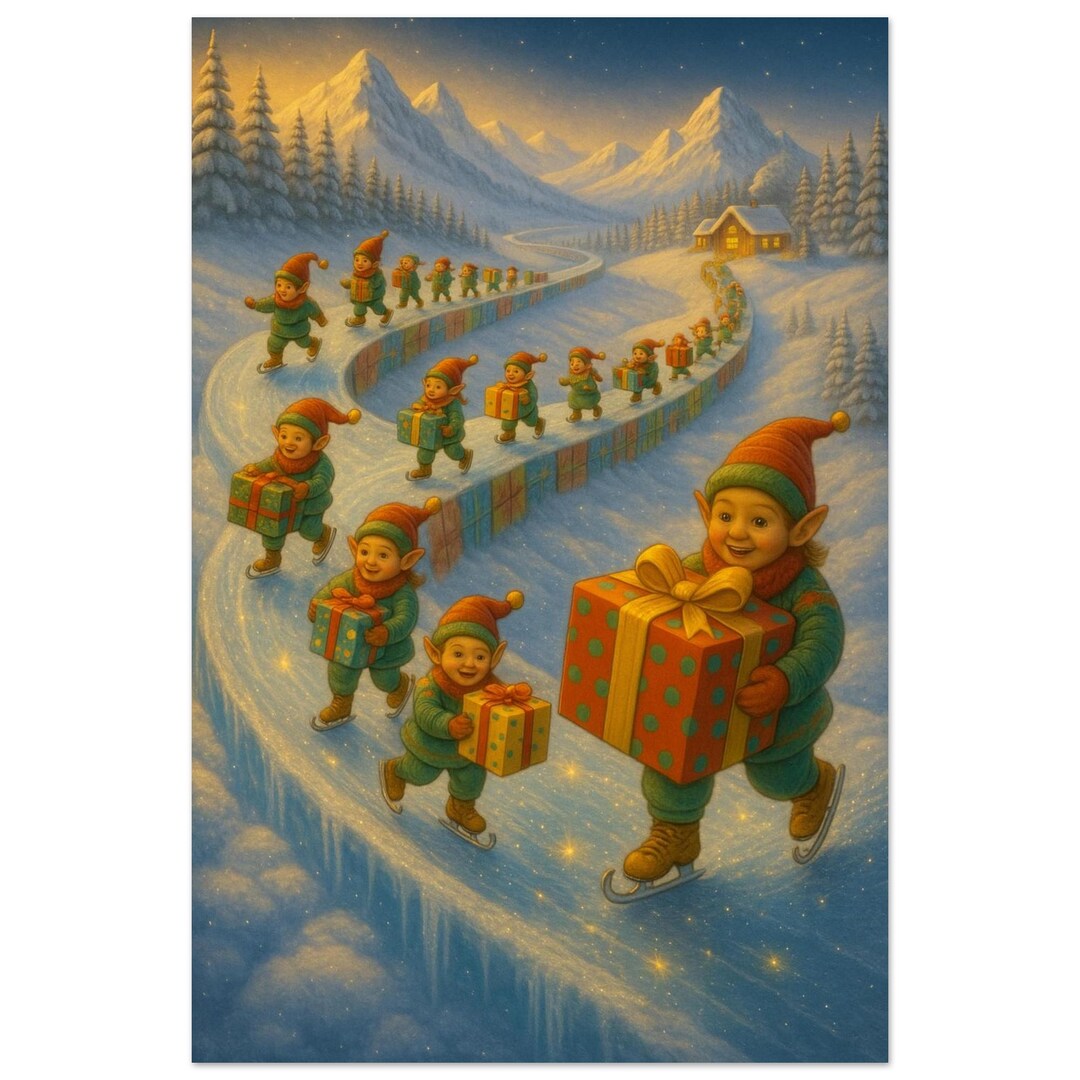 Christmas Elves Skating on Ice Road - Cozy Christmas Winter Scene - Etsy