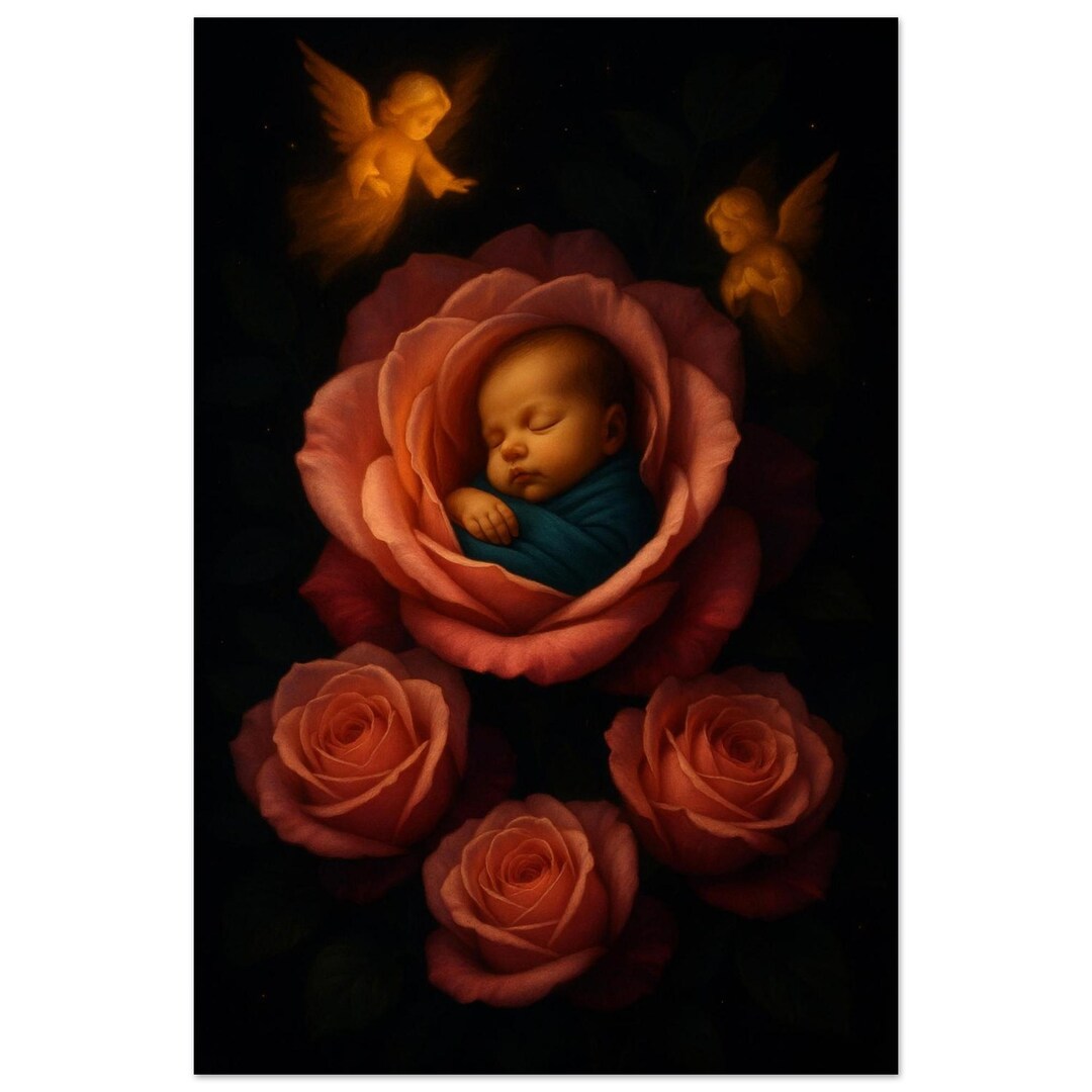 Baby Sleeping in Rose Print, Angels, Nursery Wall Art - Etsy