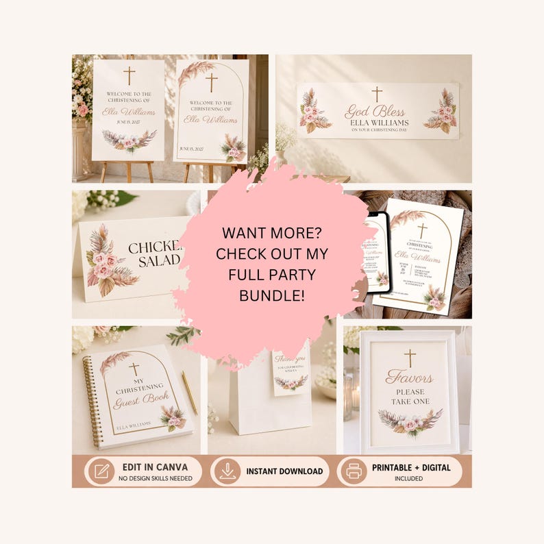 Boho Christening Invitation Bundle, Baptism, Baby Dedication, Digital ...
