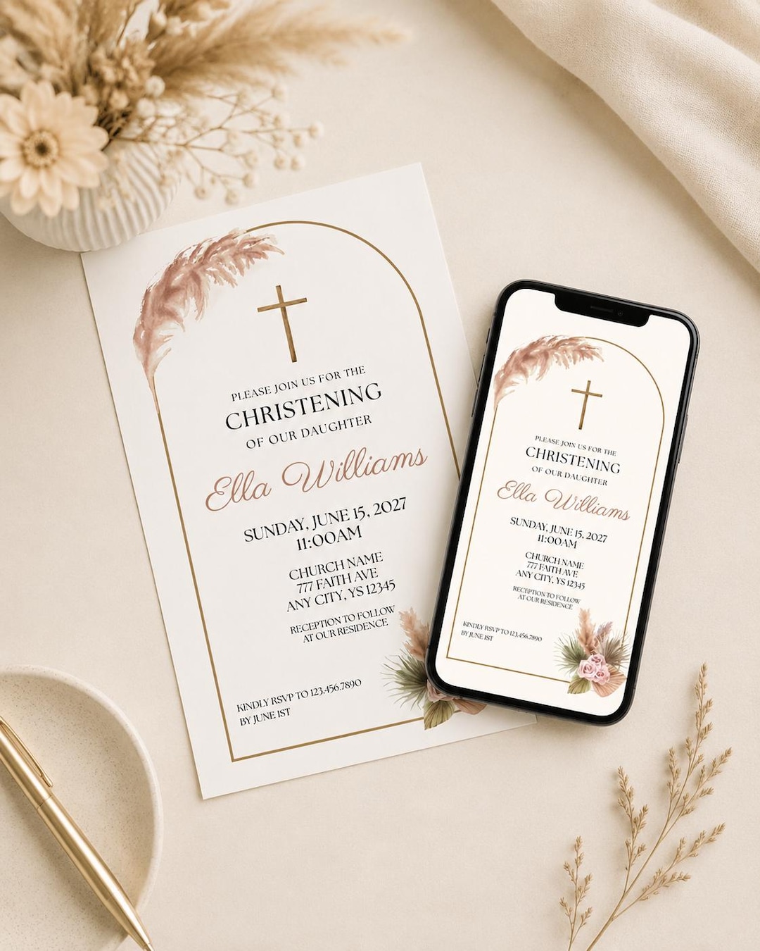 Boho Christening Invitation Bundle, Baptism, Baby Dedication, Digital ...