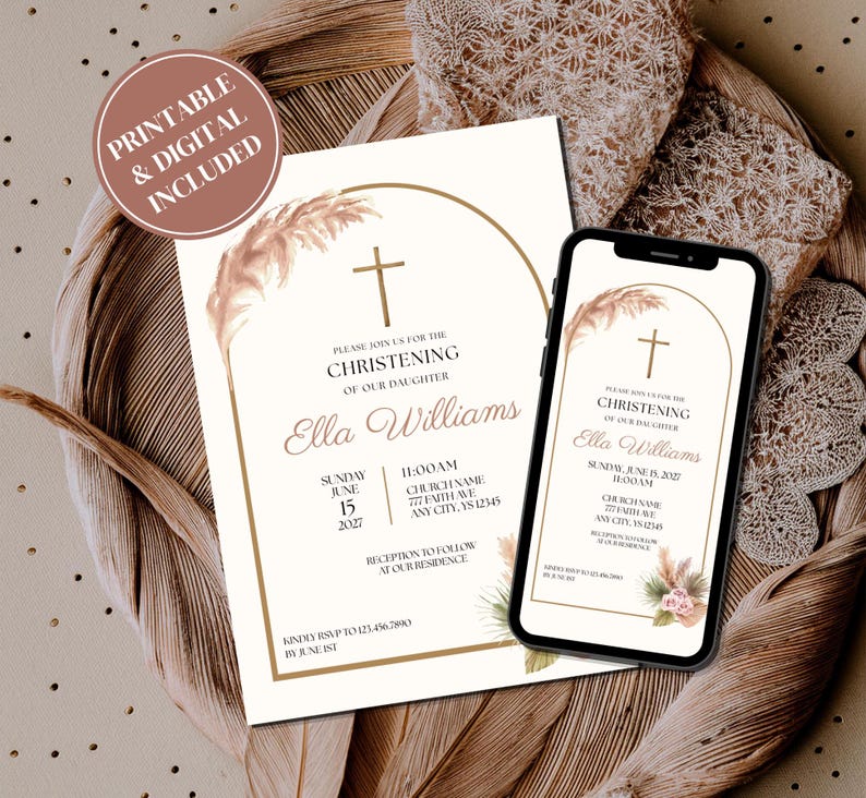 Boho Christening Invitation Bundle, Baptism, Baby Dedication, Digital ...