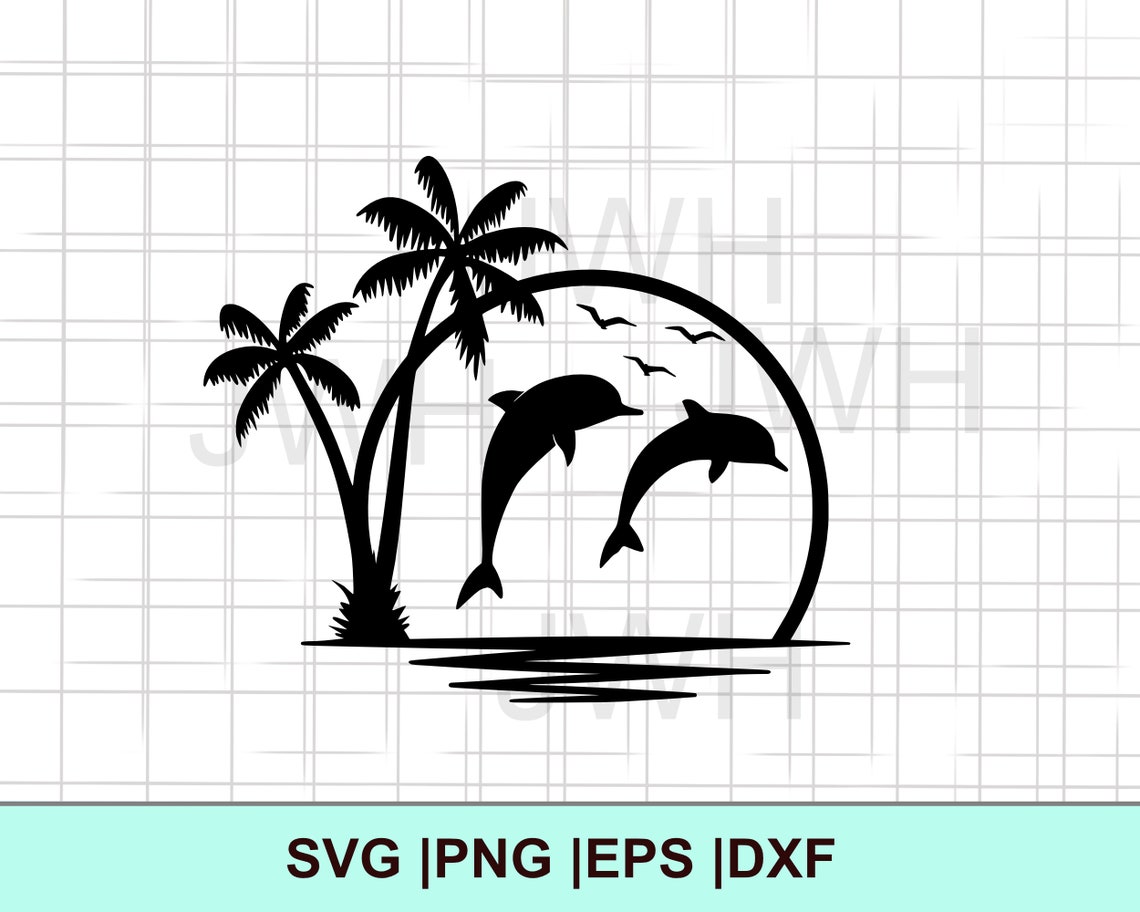 Dolphin SVG PNG EPS Dxf Tropical Beach Sunset Palm Trees - Etsy