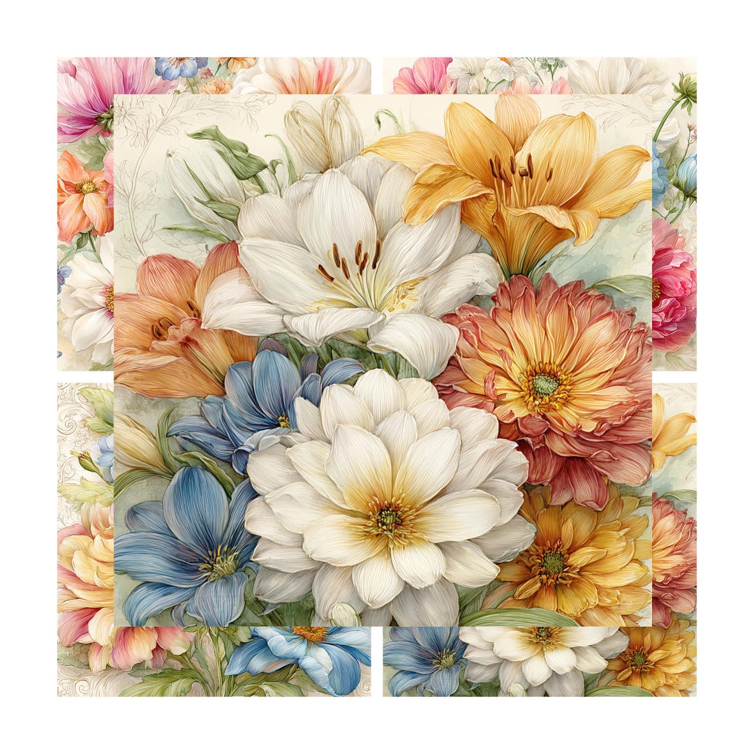Boho Victoria Retro Flowers Digital Collage Sheet 4x4 Inch 2x2 Inch ...