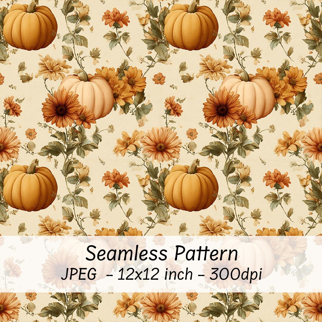 Floral Pumpkins Seamless Pattern, Instant Download, Pumpkin Digital ...